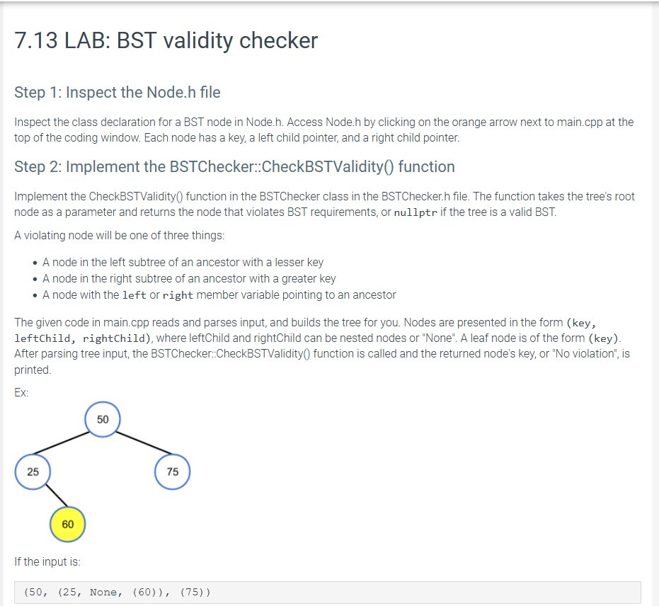 Solved 7.13 LAB: BST validity checker Step 1: Inspect the | Chegg.com