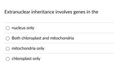 Solved Extranuclear inheritance involves genes in thenucleus | Chegg.com