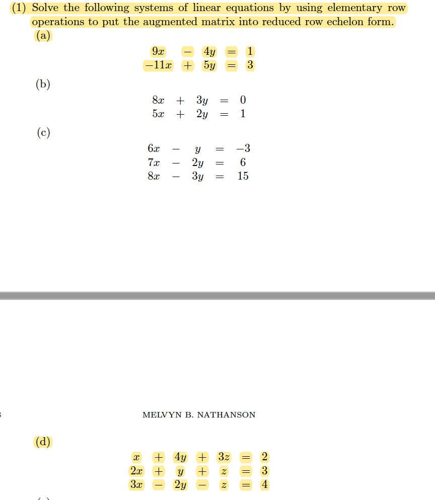 Solved (1) Solve the following systems of linear equations | Chegg.com