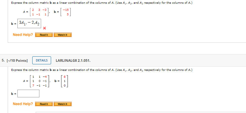 Solved Express the column matrix b as a linear combination | Chegg.com