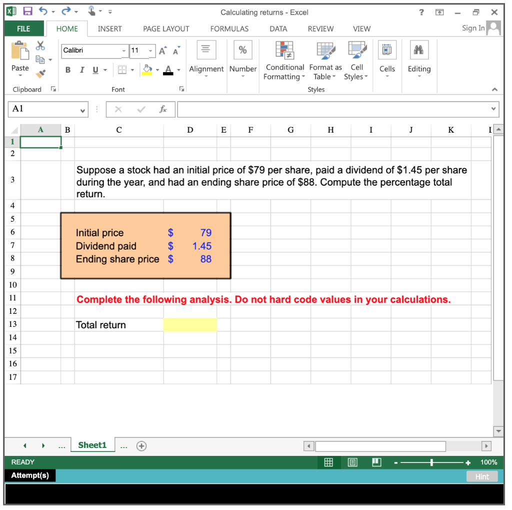 Solved x] A 5 Calculating returns - Excel ? X FILE HOME | Chegg.com