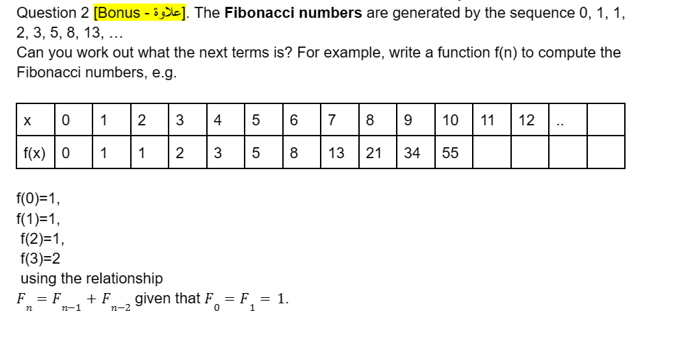 Solved Question 2 [Bonus - علاوة]. The Fibonacci numbers are | Chegg.com