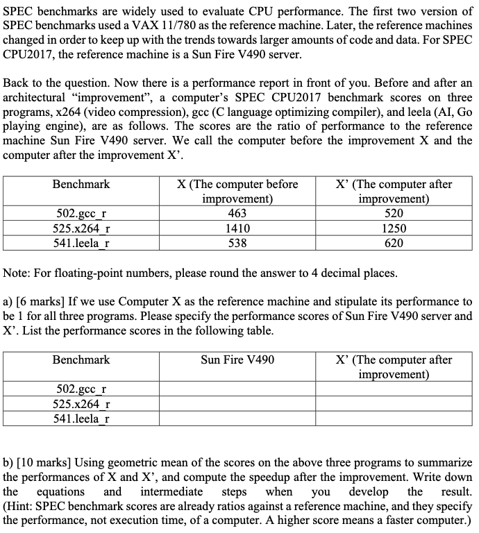 Solved SPEC benchmarks are widely used to evaluate CPU | Chegg.com
