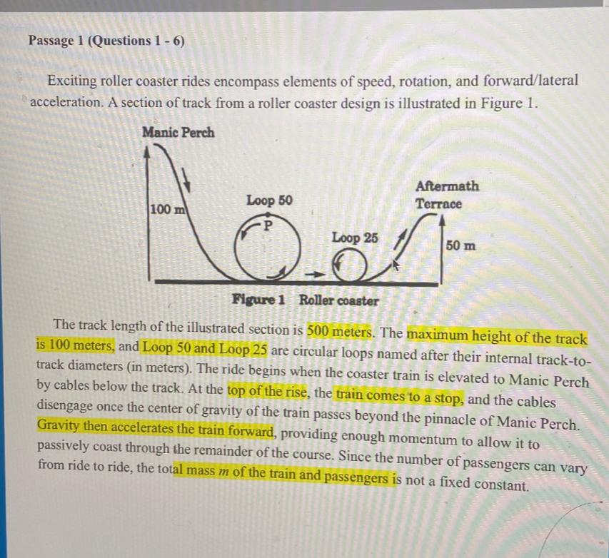 Solved Passage 1 (Questions 1 - 6) Exciting roller coaster | Chegg.com