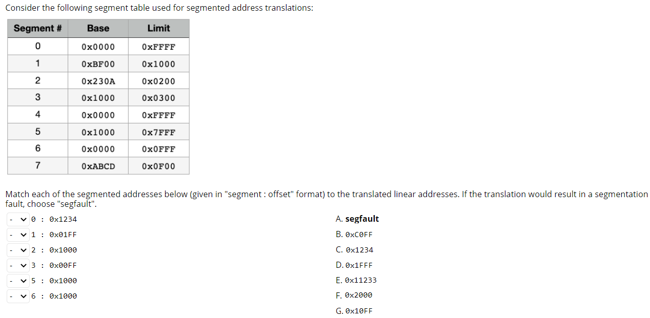 Solved Consider the following segment table used for | Chegg.com
