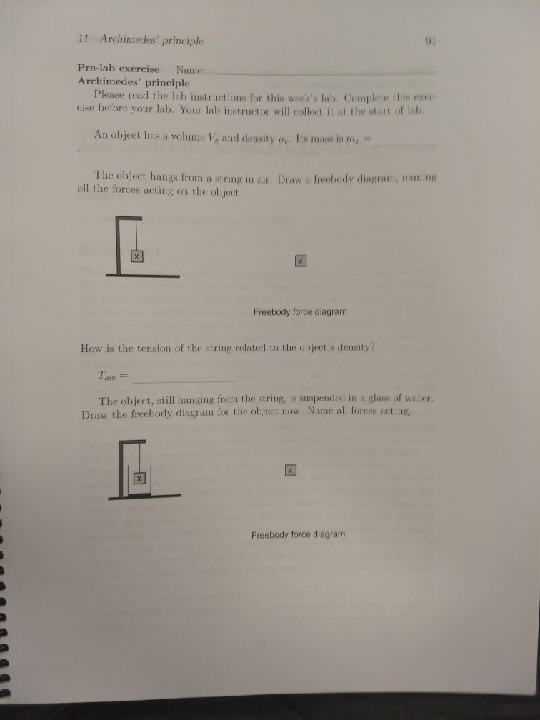 Solved 11-Archimedes' principle 91 Pre-lab exercise Name | Chegg.com