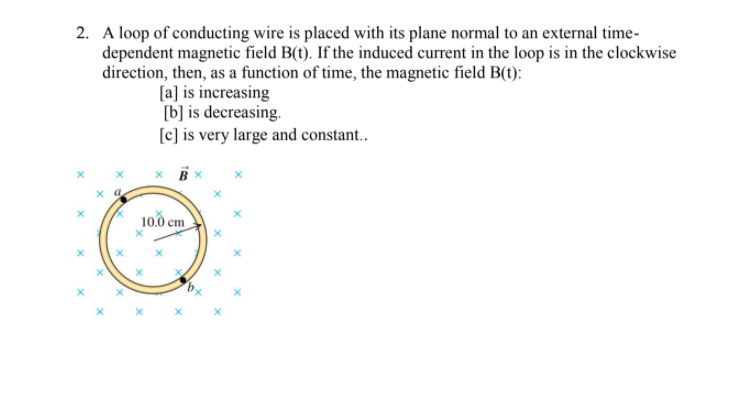 Solved 2. A loop of conducting wire is placed with its plane | Chegg.com