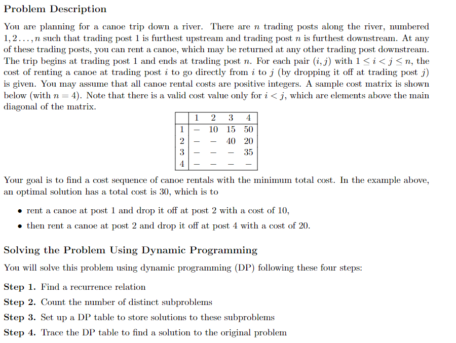 Solved Problem Description You are planning for a canoe trip | Chegg.com