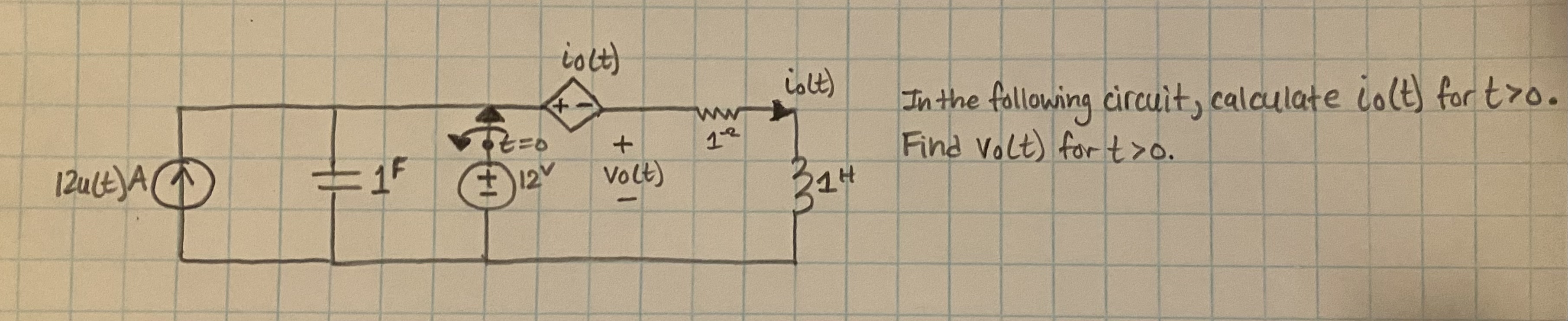 Solved In the following circuit, calculate io(t) ﻿for t>0. | Chegg.com
