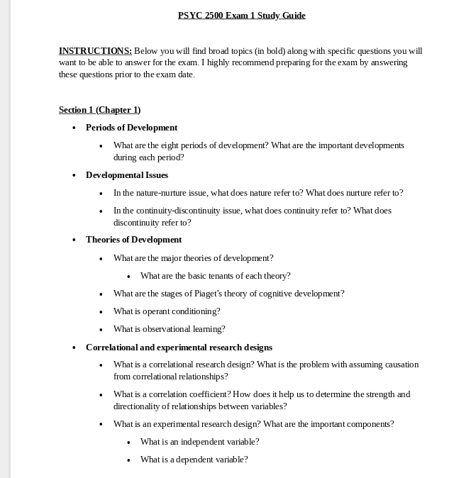Solved PSYC 2500 Exam 1 Study_Guide INSTRUCTIONS: Below you | Chegg.com