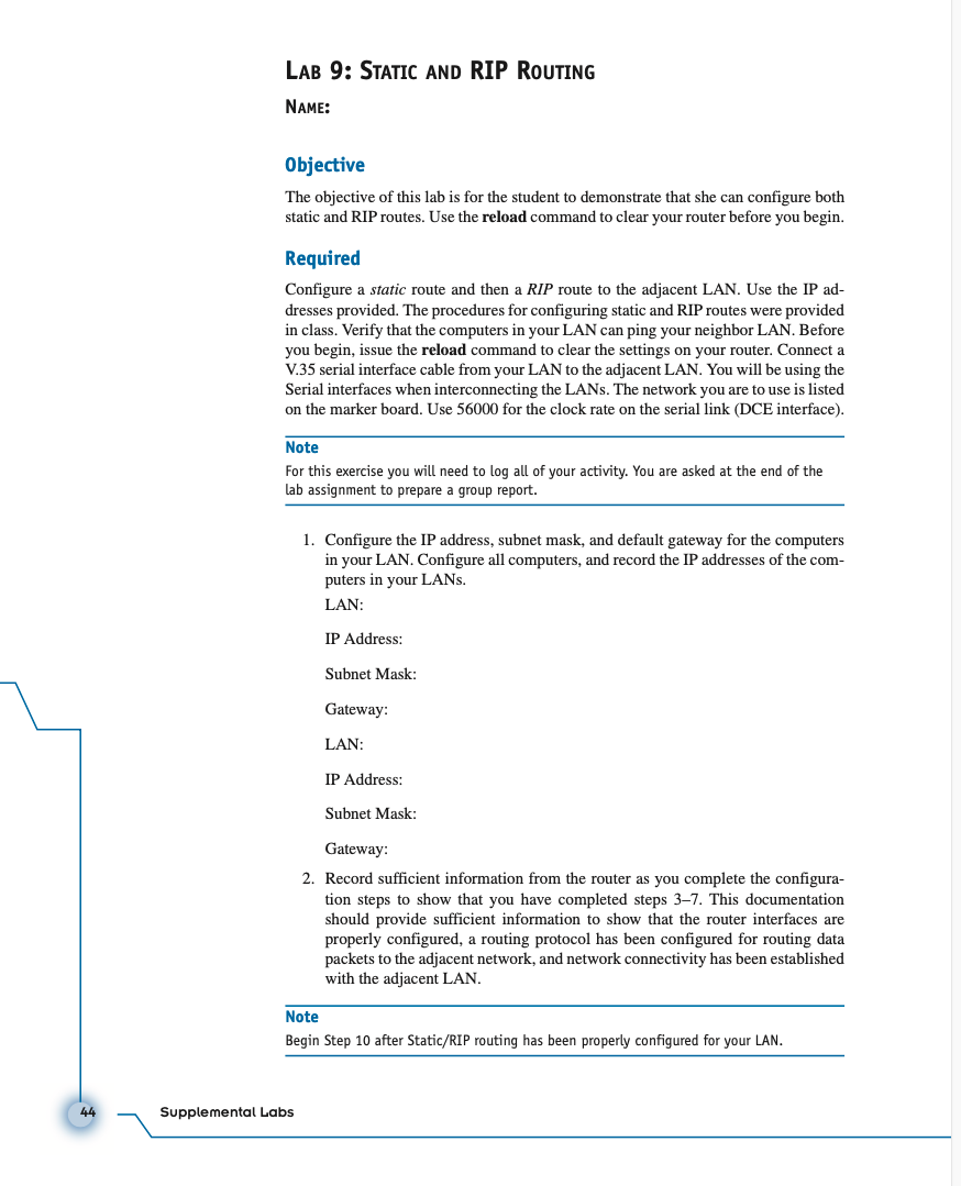 LAB 9: STATIC AND RIP ROUTING NAME: Objective The | Chegg.com