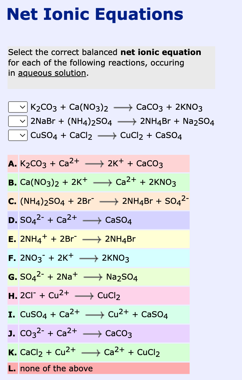 Solved Net Ionic Equations Select the correct balanced net | Chegg.com