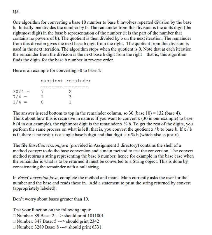 Solved Q3. One algorithm for converting a base 10 number to | Chegg.com