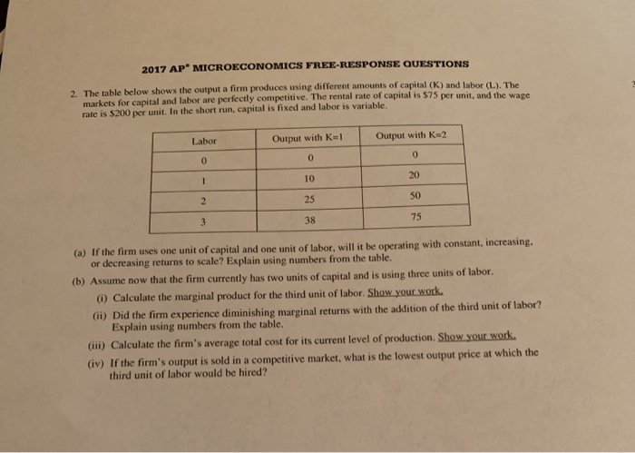Solved 2017 AP. MICROECONOMICS FREE-RESPONSE OUESTİONS shows | Chegg.com