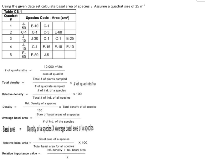 Using The Given Data Set Calculate Basal Area Of Chegg