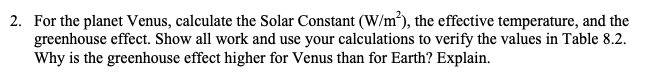 Solved 2. For the planet Venus, calculate the Solar Constant | Chegg.com
