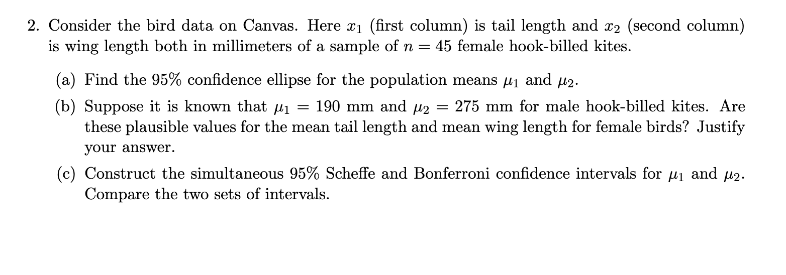2. Consider the bird data on Canvas. Here x1 (first | Chegg.com