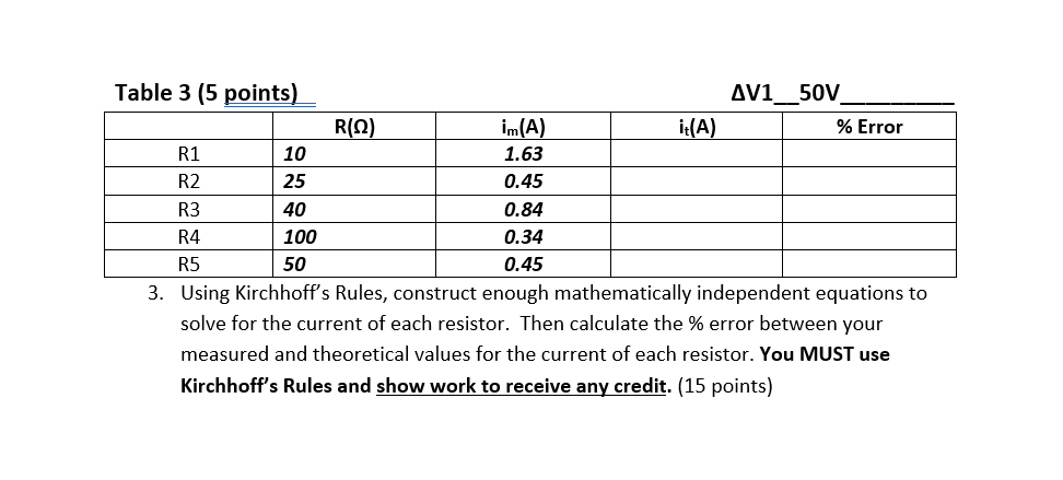 Table 3Using Kirchhoff’s Rules, construct enough | Chegg.com