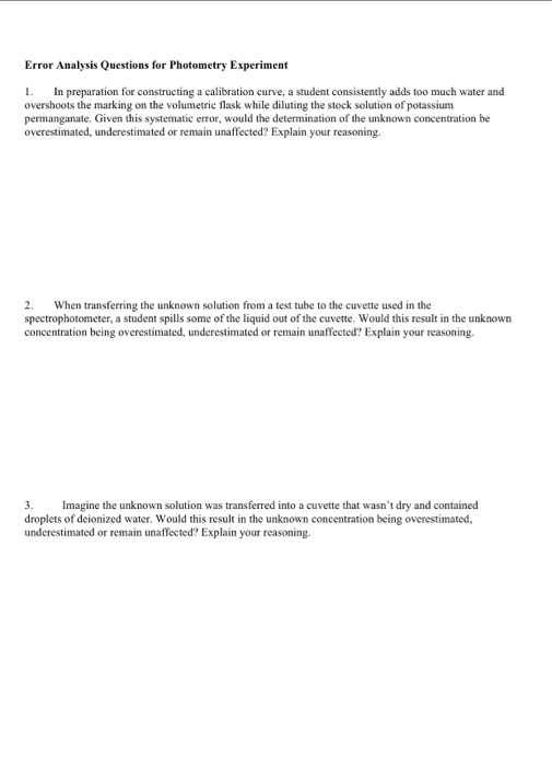 Solved Error Analysis Questions for Photometry Experiment 1. | Chegg.com