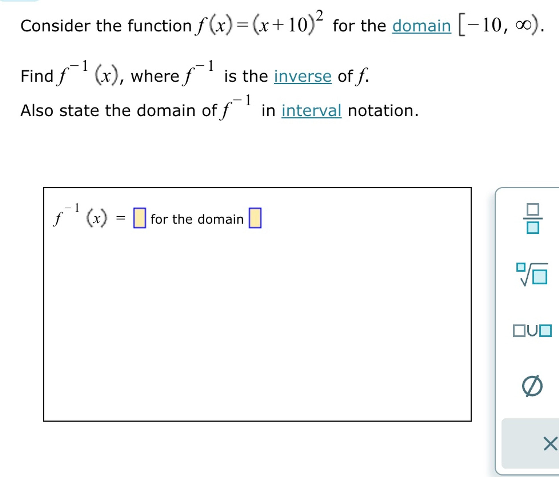 Solved Consider the function f(x)=(x+10)2 ﻿for the domain | Chegg.com