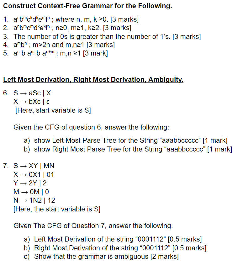 Solved Construct Context-Free Grammar for the Following. 1. | Chegg.com