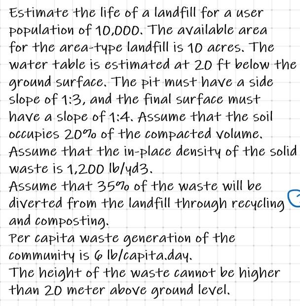 Solved Estimate the life of a landfill for a user population | Chegg.com