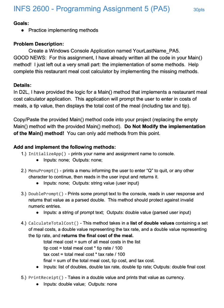 INFS 2600- Programming Assignment 5 (PA5) 30pts | Chegg.com