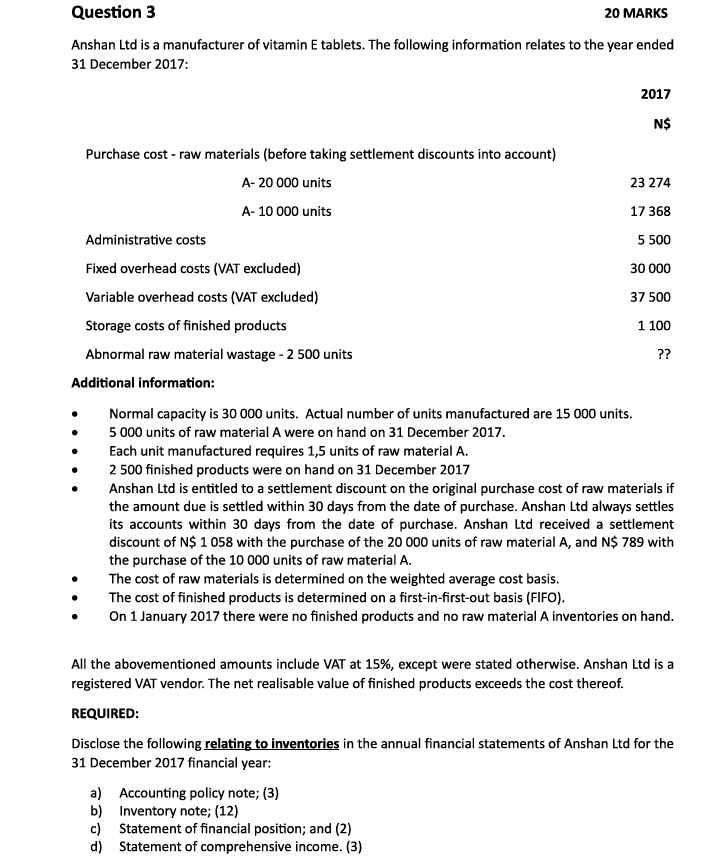 Solved Question 3 ﻿Anshan Ltd is a manufacturer of vitamin E | Chegg.com