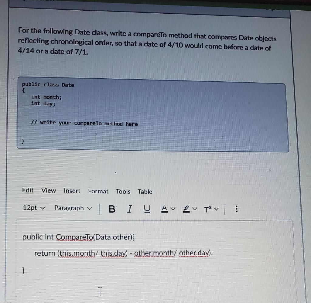 Solved For the following Date class, write a compareTo | Chegg.com