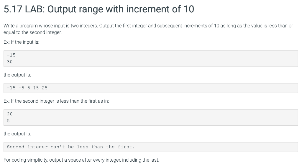 Solved 5.17 LAB: Output range with increment of 10 Write a | Chegg.com