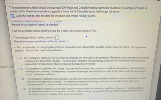Solved The accompanying table shows the average SAT Math and | Chegg.com
