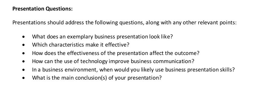 Solved Presentation Questions: Presentations should address | Chegg.com