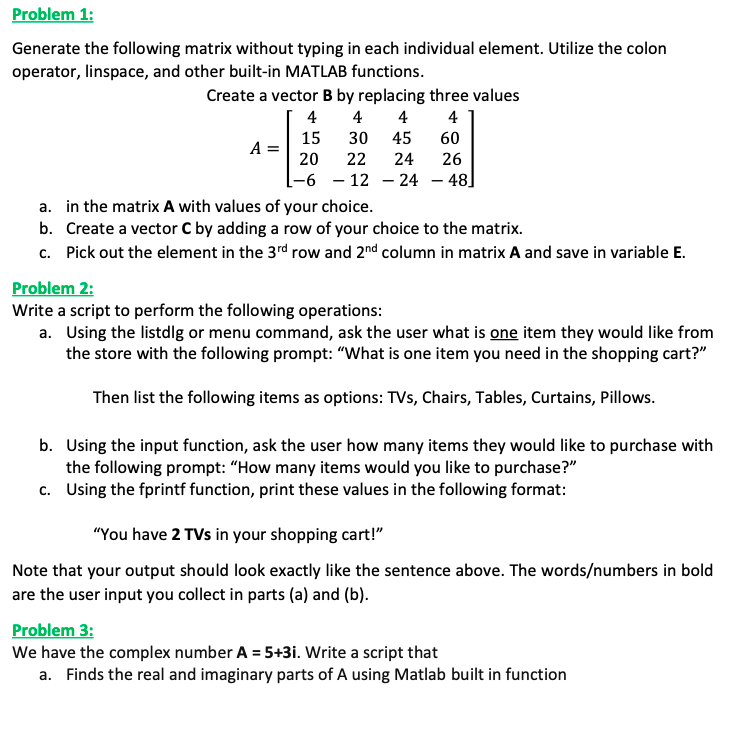 Solved Problem 1: Generate the following matrix without | Chegg.com