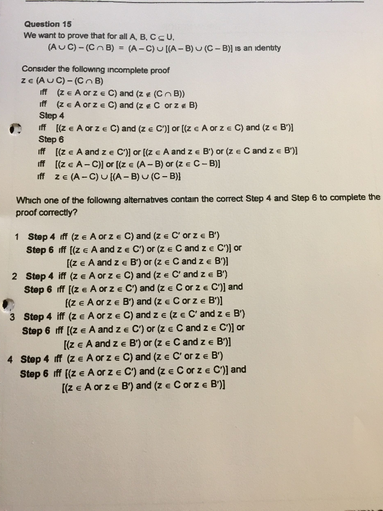 Solved Question 15 We want to prove that for all A, B, C U | Chegg.com