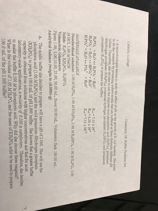 Solved Cabrillo College Chemistry 1B Buffer Problem Set 1. A | Chegg.com
