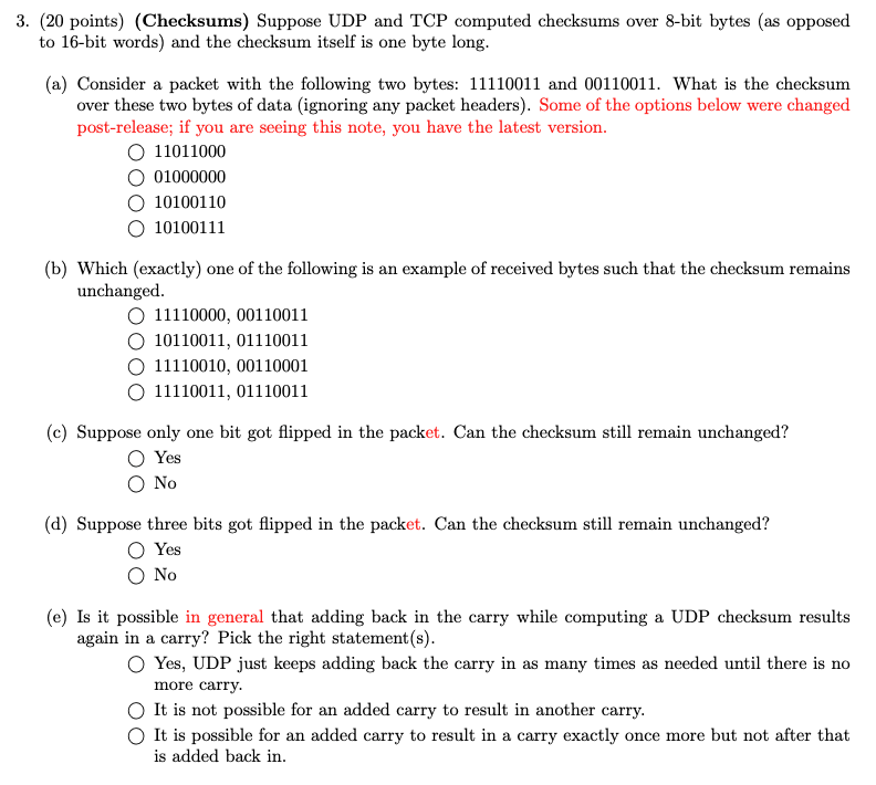 Solved 3. (20 points) (Checksums) Suppose UDP and TCP | Chegg.com