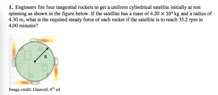 Solved 1. Engineers fire four tangential rockets to get a | Chegg.com
