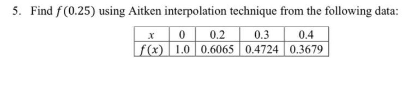 Solved 5. Find f(0.25) using Aitken interpolation technique | Chegg.com