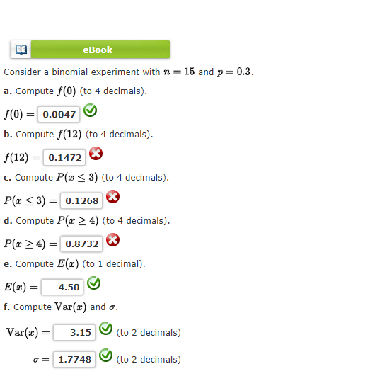 Solved eBook Consider a binomial experiment with n= 15 and p | Chegg.com