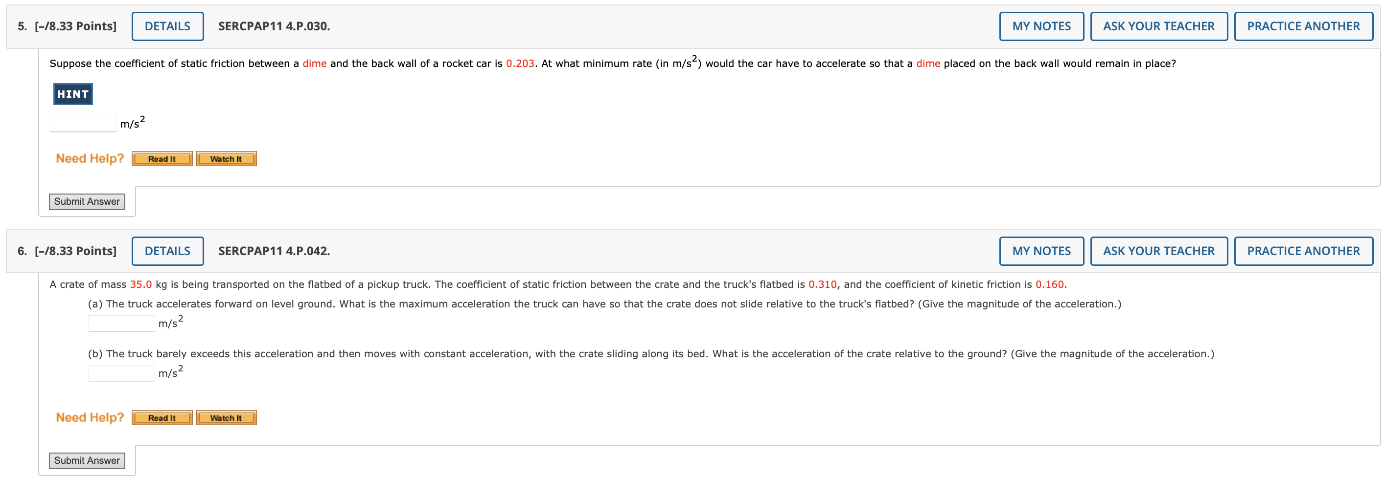 Solved m/s2 [-/8.33 Points] SERCPAP11 4.P.042. m/s2 m/s2 | Chegg.com