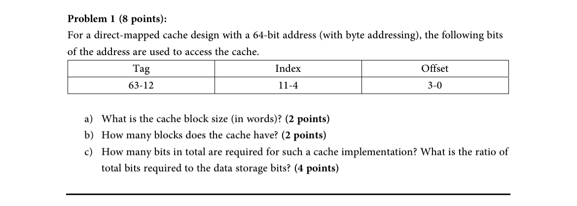 Solved Problem 1 (8 points): For a direct-mapped cache | Chegg.com