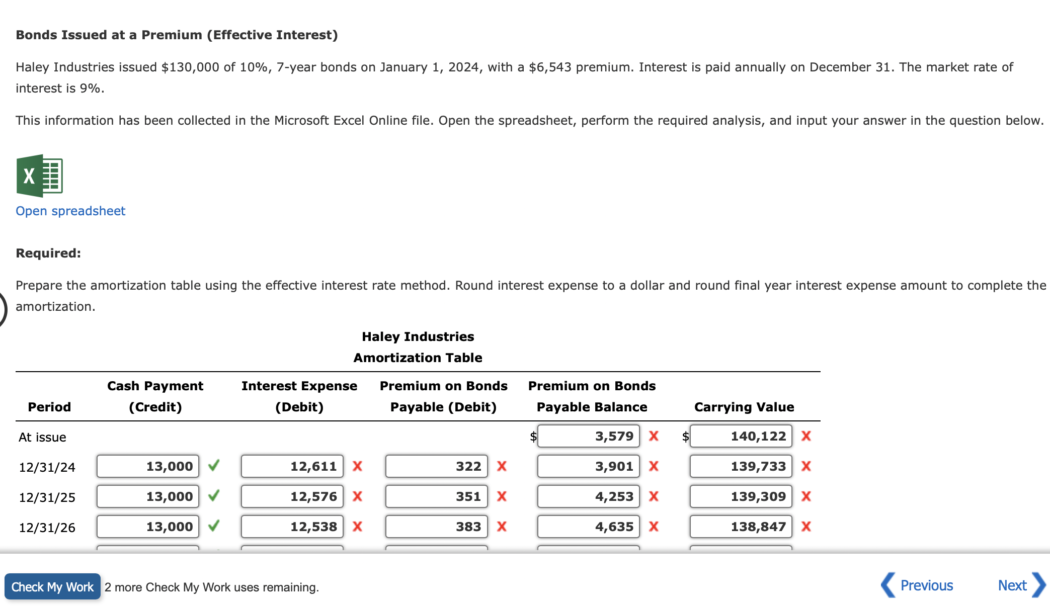 Solved Bonds Issued at a Premium (Effective Interest)Haley | Chegg.com