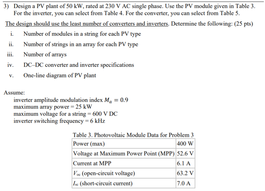 Solved 3) Design a PV plant of 50 kW, rated at 230 V AC | Chegg.com