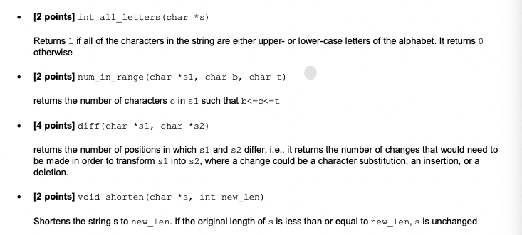 Solved - [2 points] int all_letters (char *s) Returns 1 if | Chegg.com