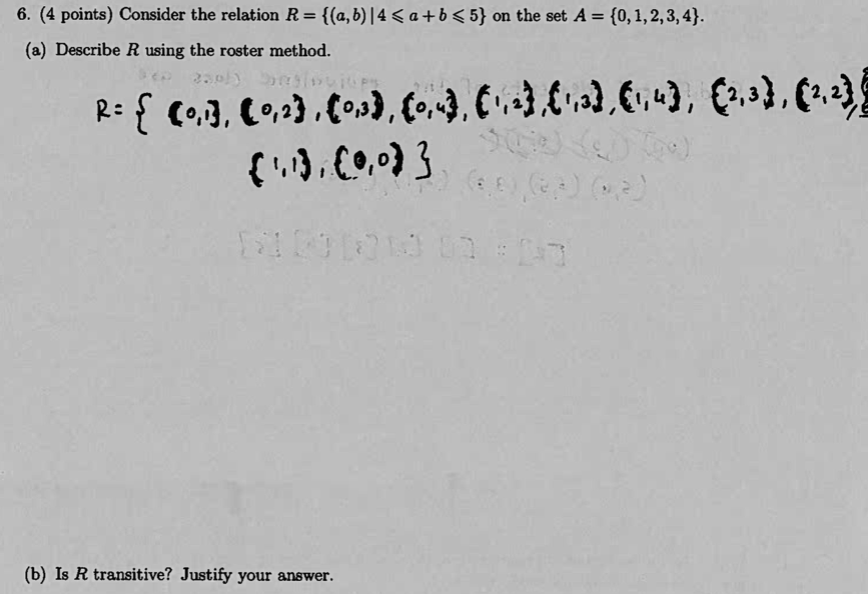 Solved 6. (4 points) Consider the relation R={(a,b)∣4⩽a+b⩽5} | Chegg.com