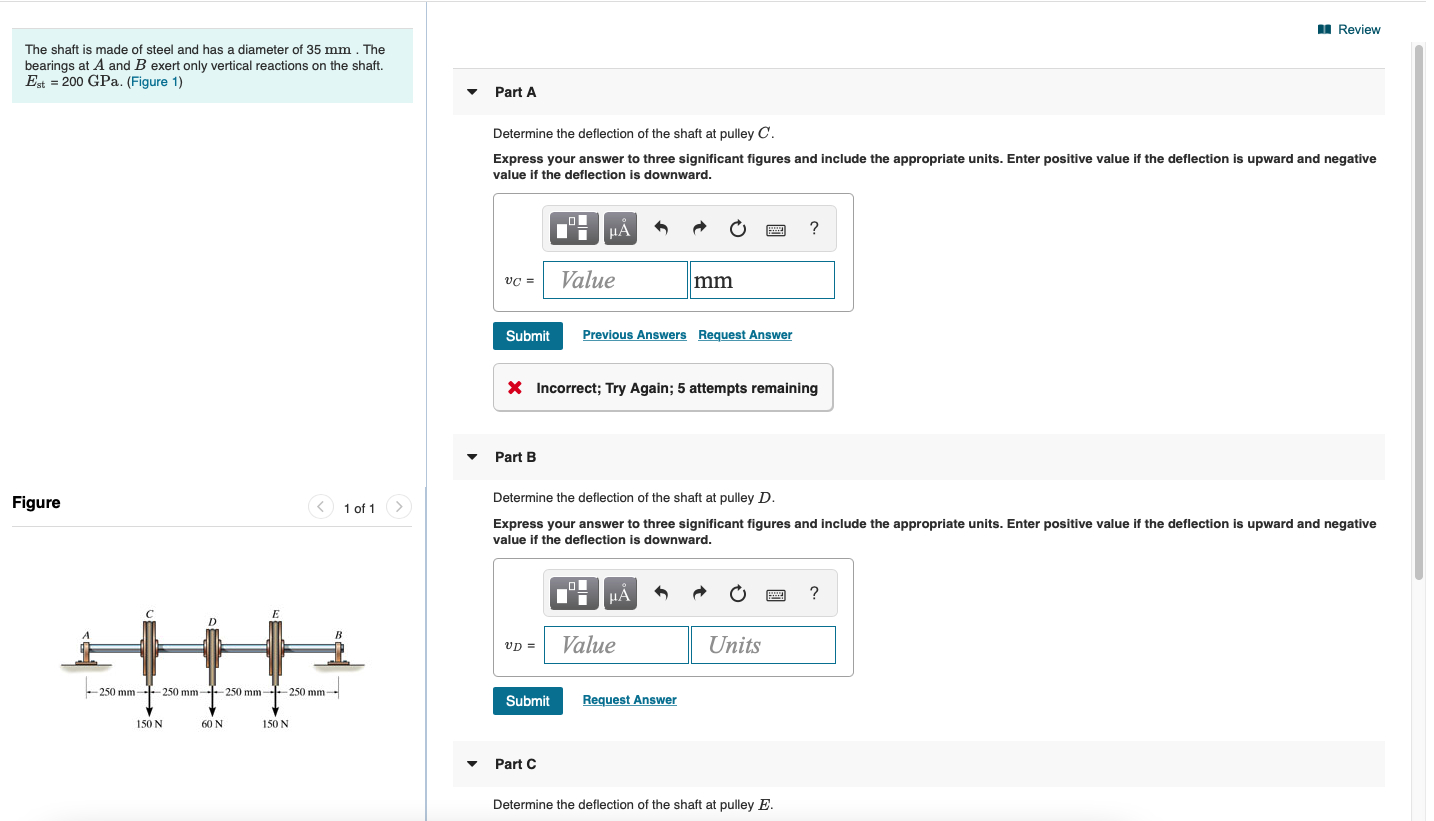 Solved Determine the deflection of the shaft at pulleys C, | Chegg.com