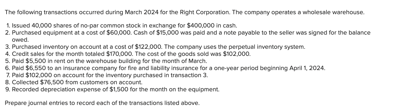 Solved The following transactions occurred during March 2024 | Chegg.com