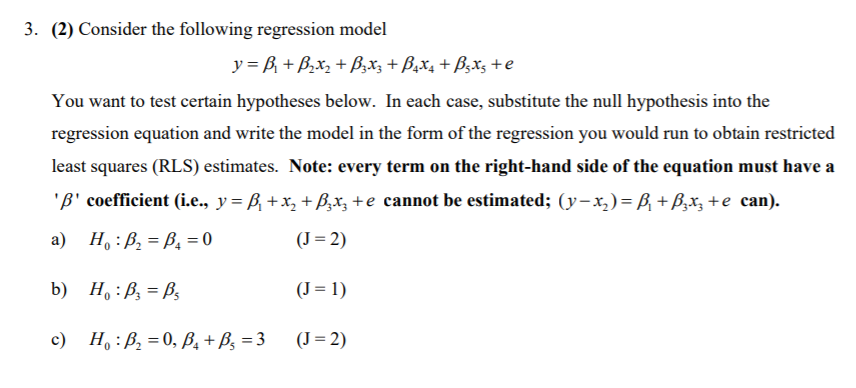 Solved 3. (2) Consider the following regression model y= B1 | Chegg.com