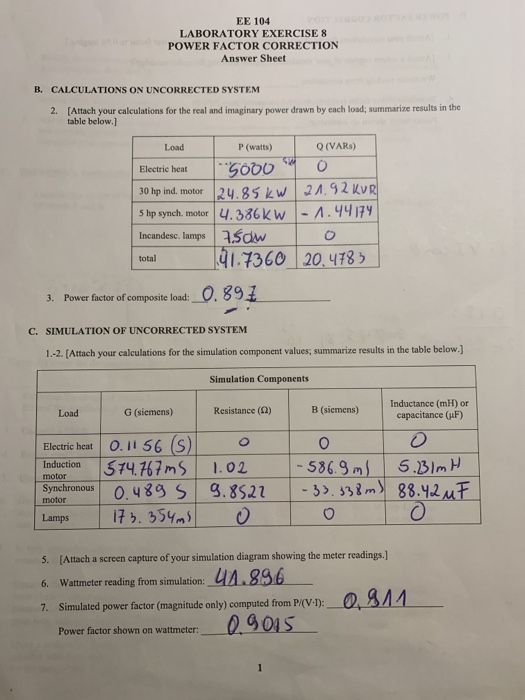 EE 104 LABORATORY EXERCISE 8 POWER FACTOR CORRECTION | Chegg.com