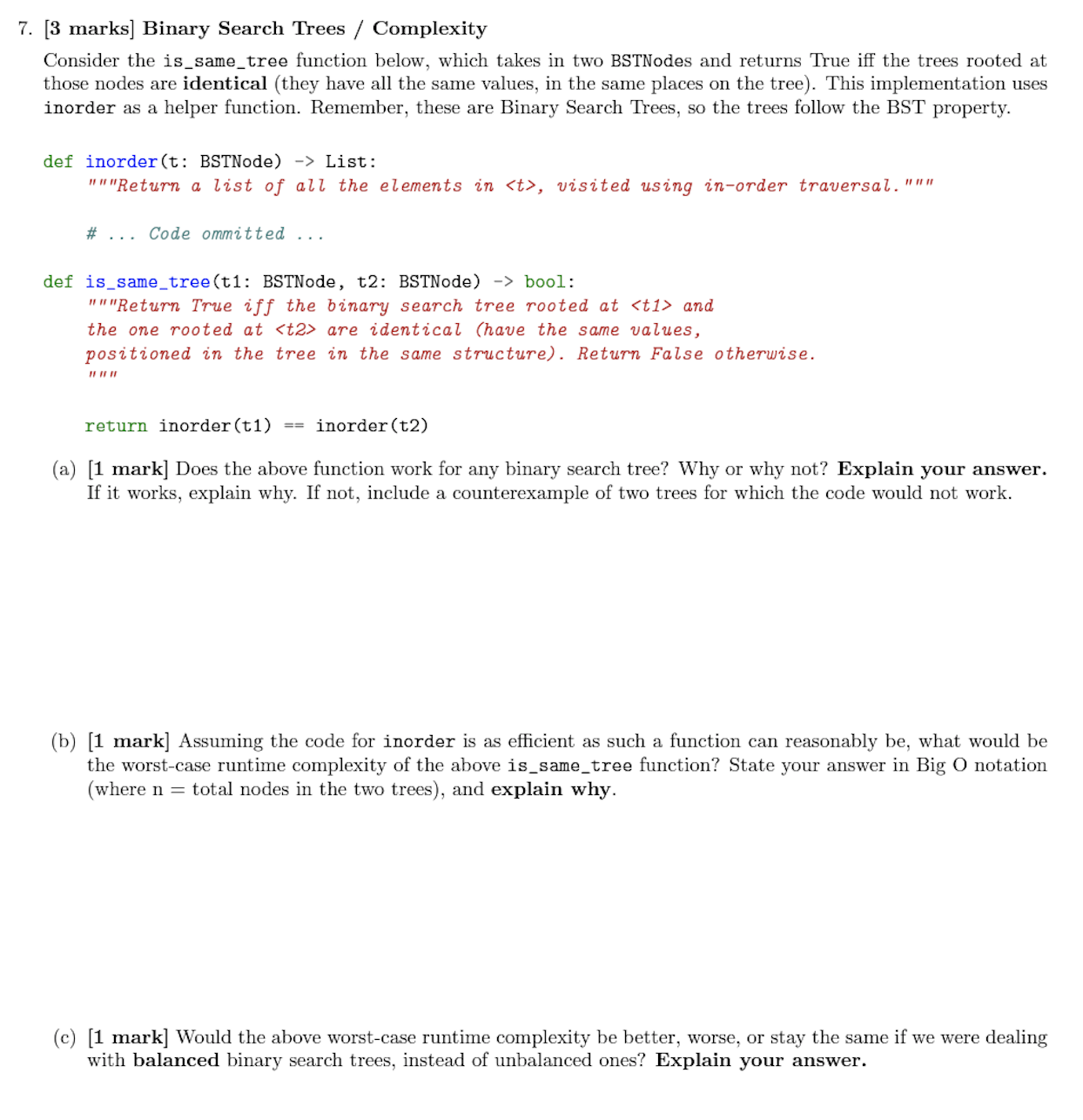 Solved 7. [3 marks] Binary Search Trees / Complexity | Chegg.com
